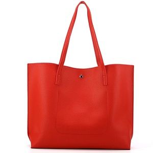 Bags | Bright Red Tote Pebbled Pu Bag | Poshmark